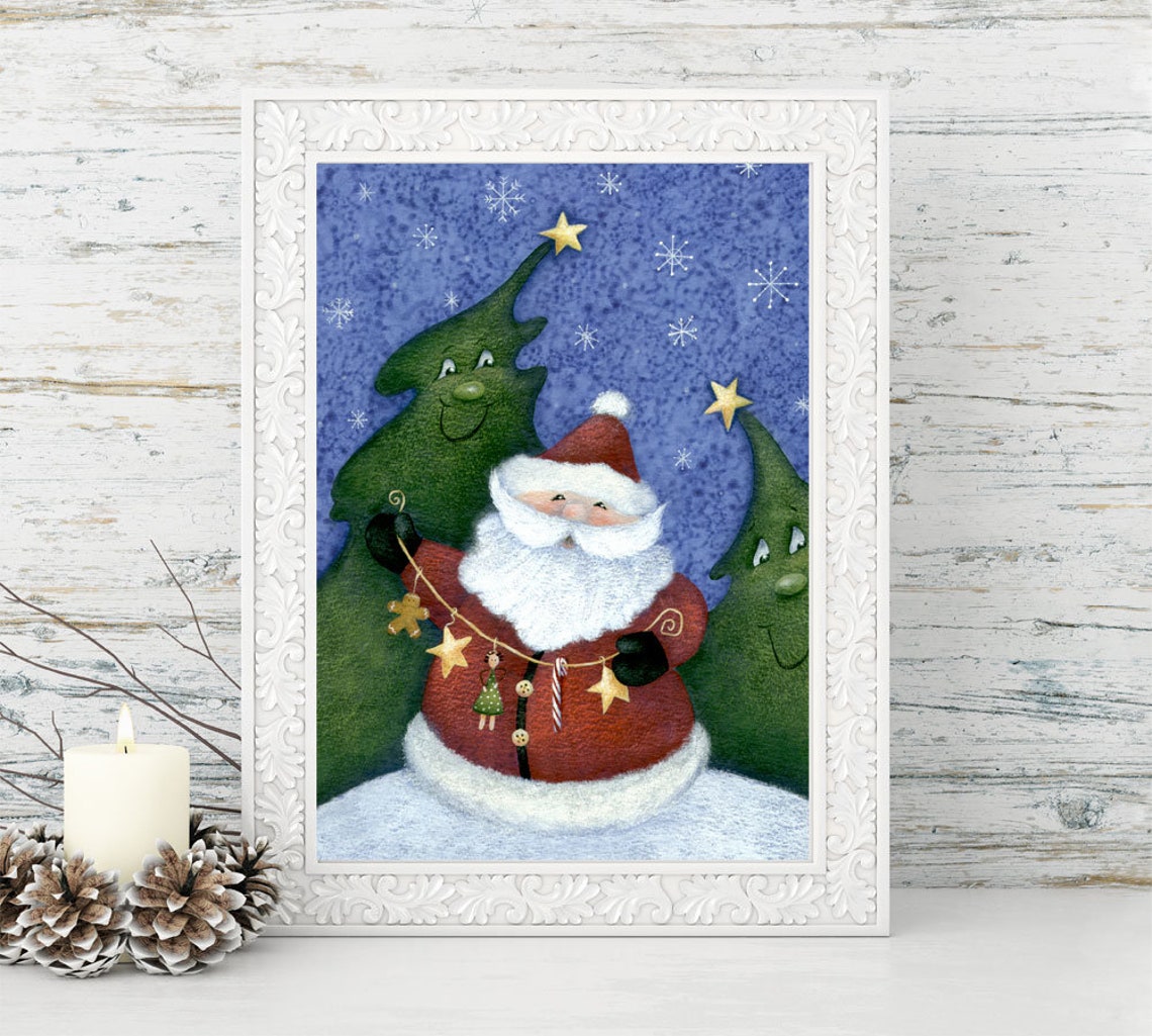 Santa Art Print Christmas Wall Decor of Santa Claus With Tree - Etsy