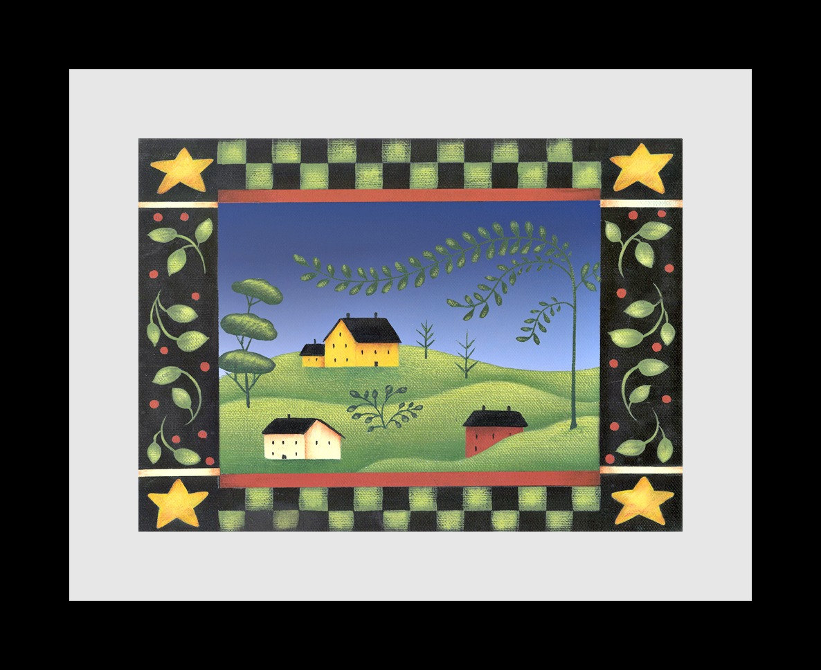 Folk Art Painting, Primitive Art Print, Primitive Houses With Border - Etsy