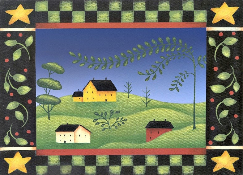 Folk Art Painting Primitive Art Print Primitive Houses With - Etsy