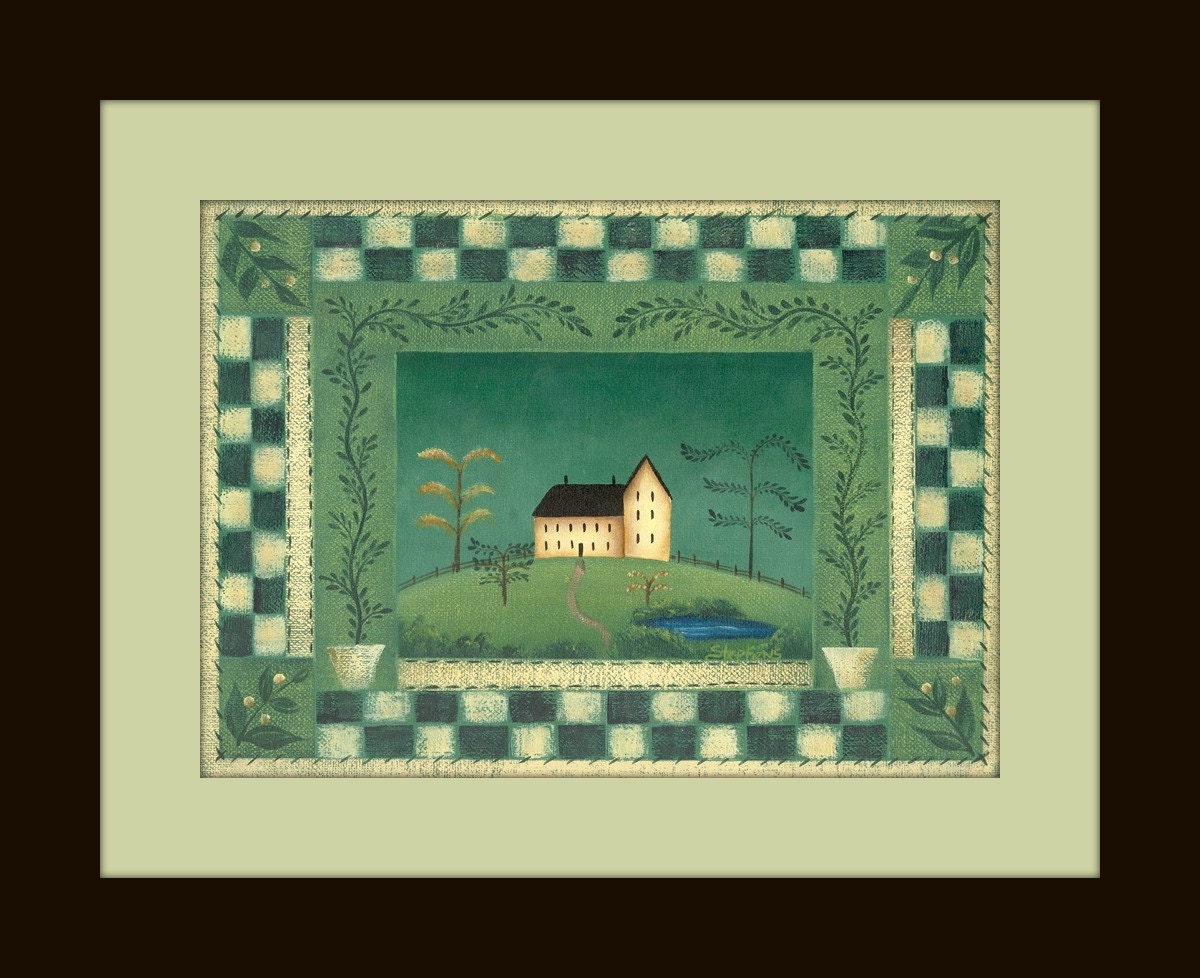 Primitive House Art Print, Folk Art Painting, Country Home on the Green ...