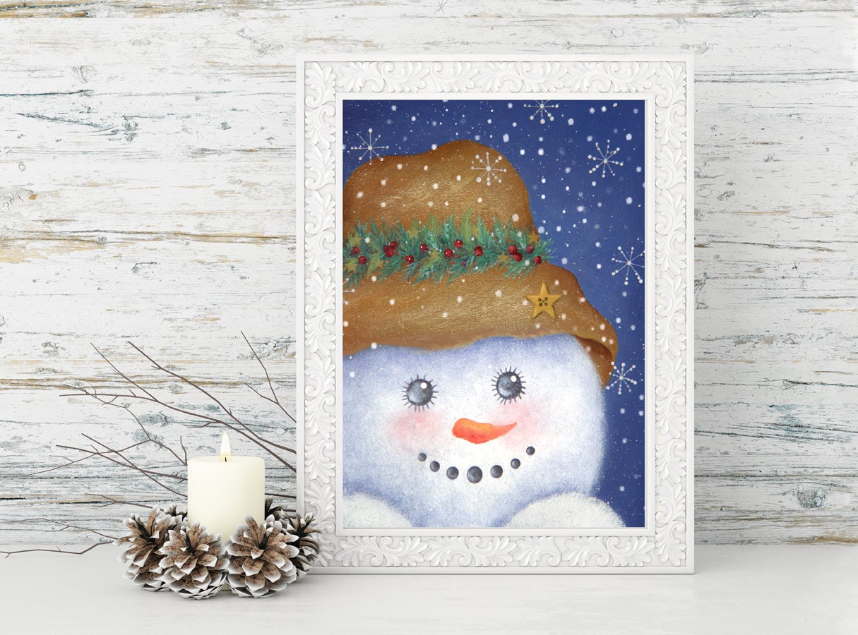 Snowman Art Print, Snowman With Hat, Wall Art, Snowman Art for Children ...