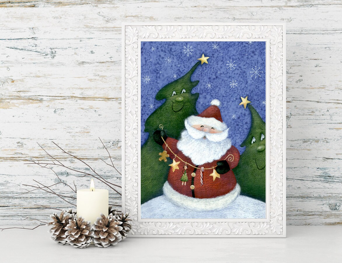 Santa Art Print Christmas Wall Decor of Santa Claus With Tree - Etsy