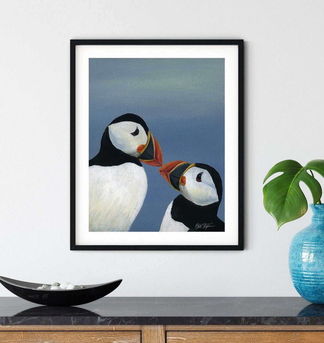 Puffins Kissing Art Print, Two Puffins Kissing, Puffins With Blue ...