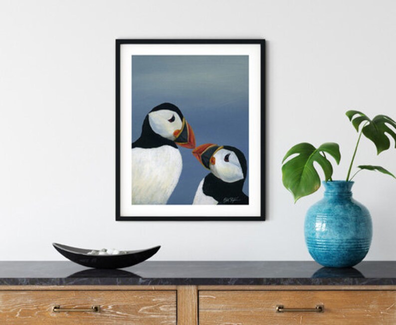 Puffins Kissing Art Print, Two Puffins Kissing, Puffins With Blue ...