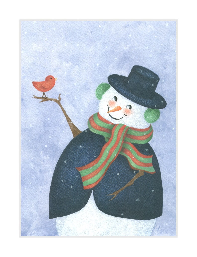 Snowman and Red Bird Snowman Painting Art Print for Kids | Etsy