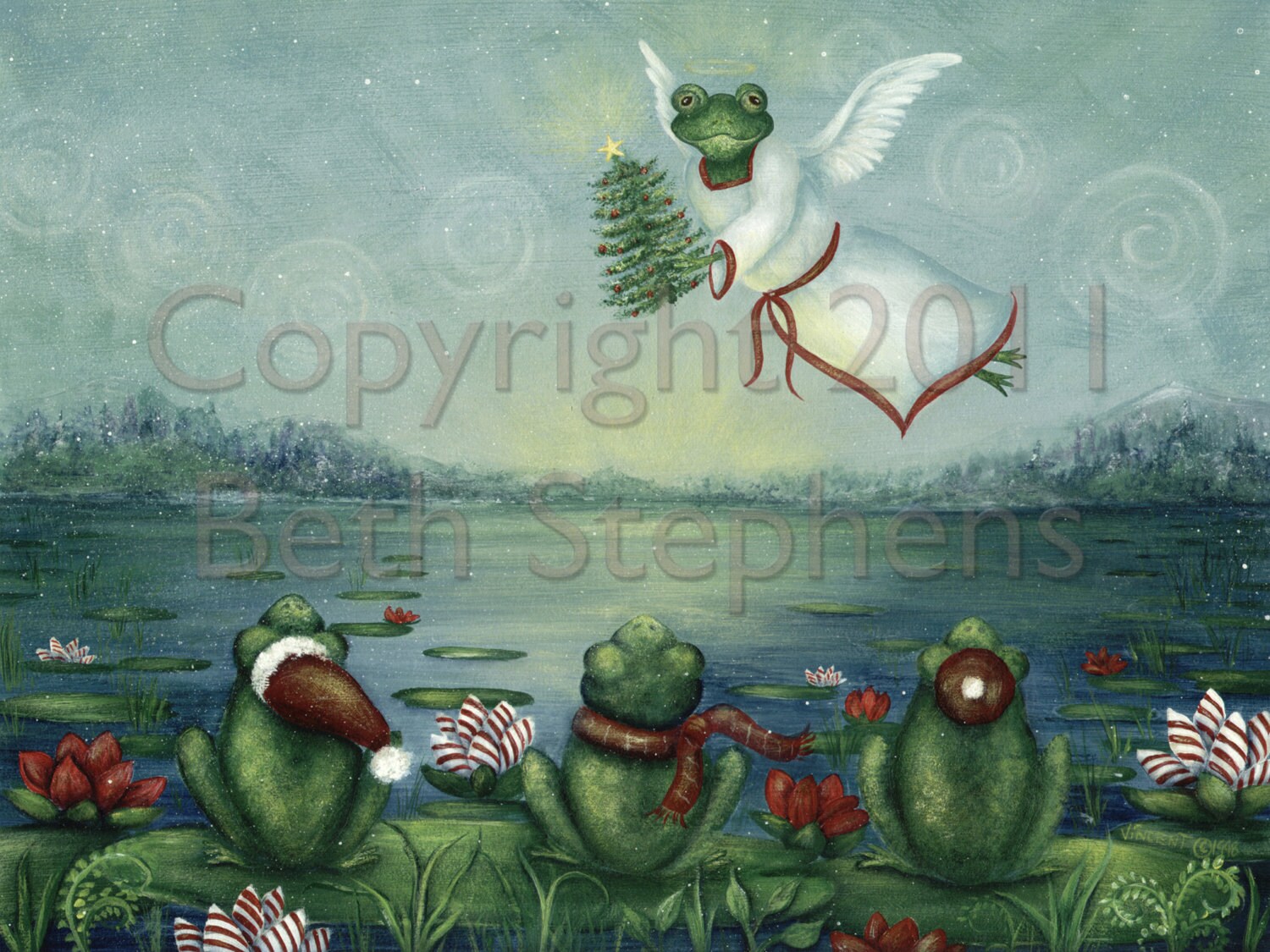 Frog Art Print, Christmas Animal Print, Art Print of Flying Frog Angel ...