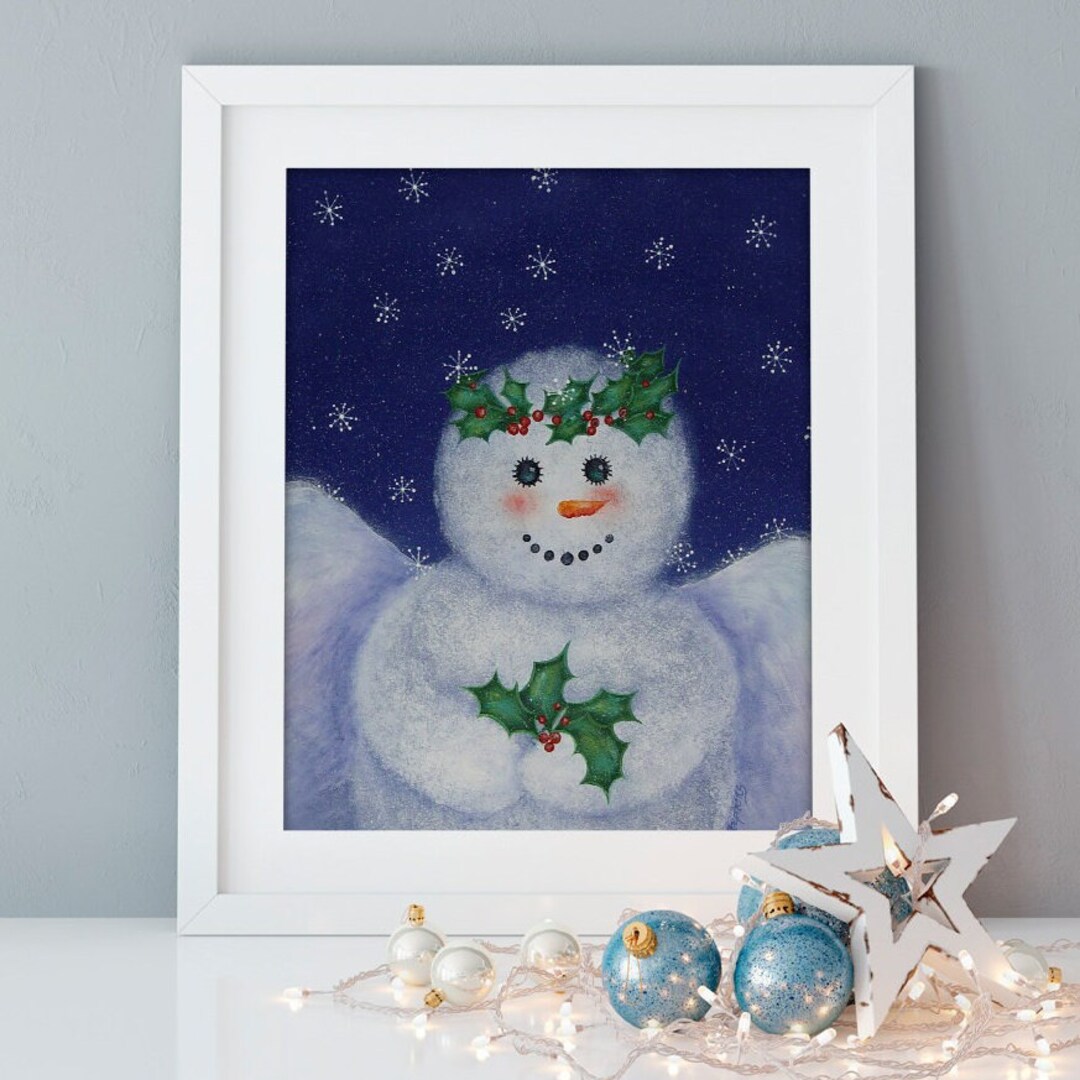 Guardian Angel Snowman Print, Painting of Snowman Artprint, Snowman ...