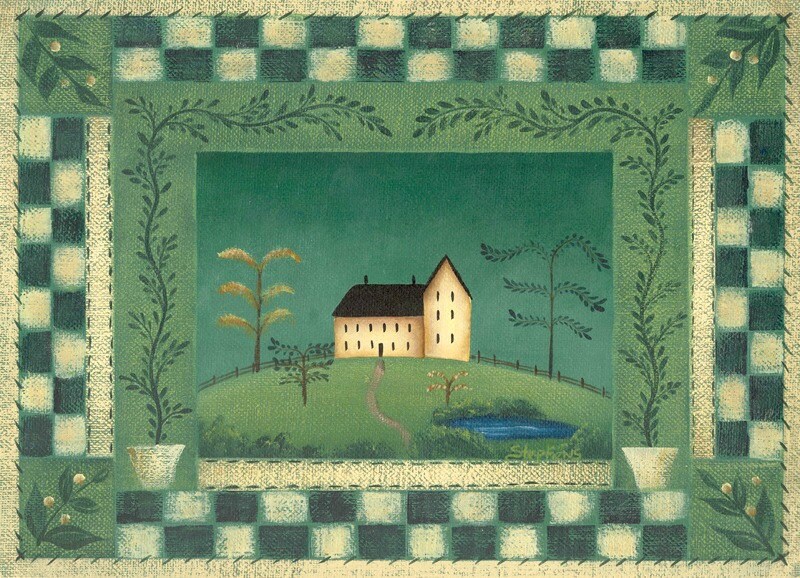 Primitive House Art Print, Folk Art Painting, Country Home on the Green ...