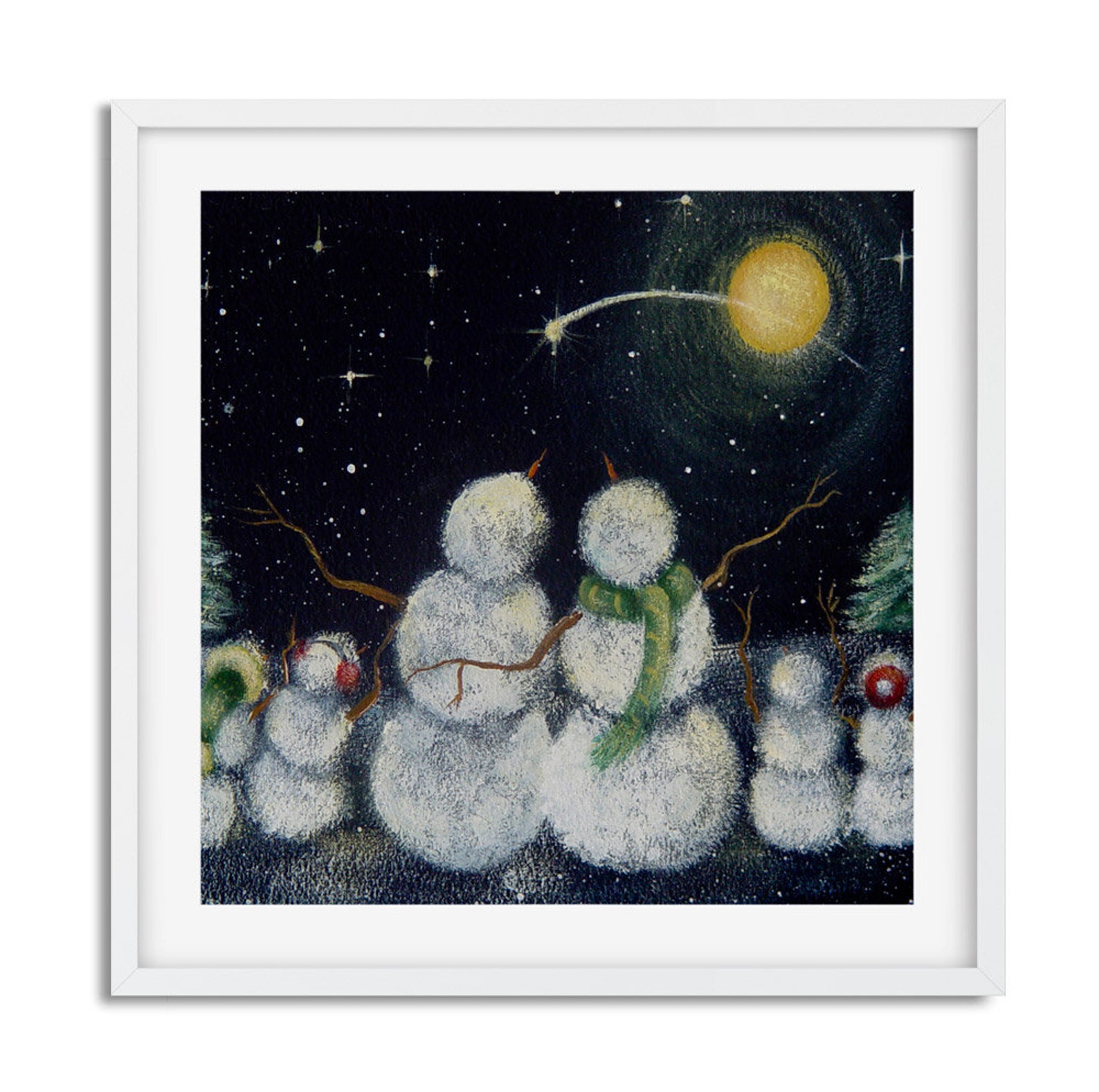 Snowmen Art Print, Shooting Star, Group of Snowmen, Heavenly Wonder Art ...