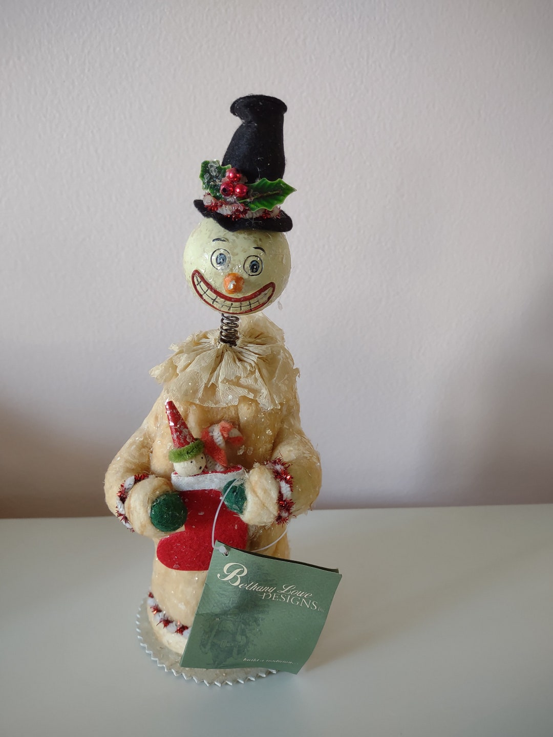 Vintage Bethany Lowe Designs Primitive Folk Art Bobblehead Snowman With ...