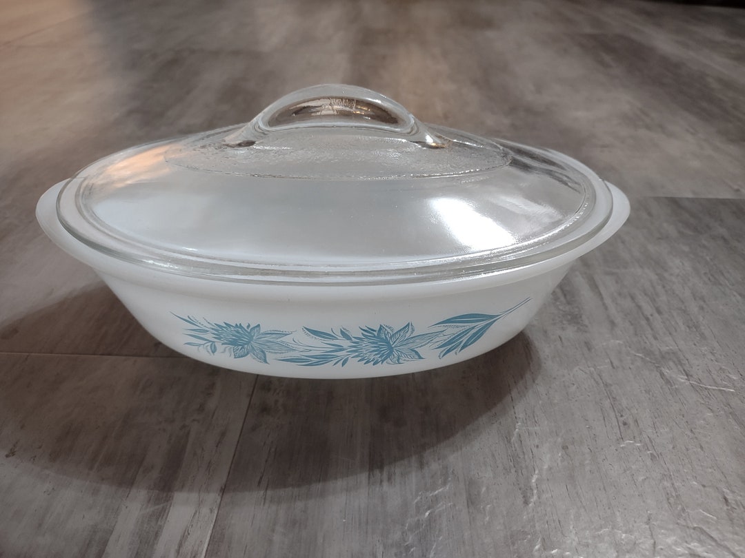Vintage Glasbake Aqua Blue Thistle Milk Glass Oval Casserole Dish With ...