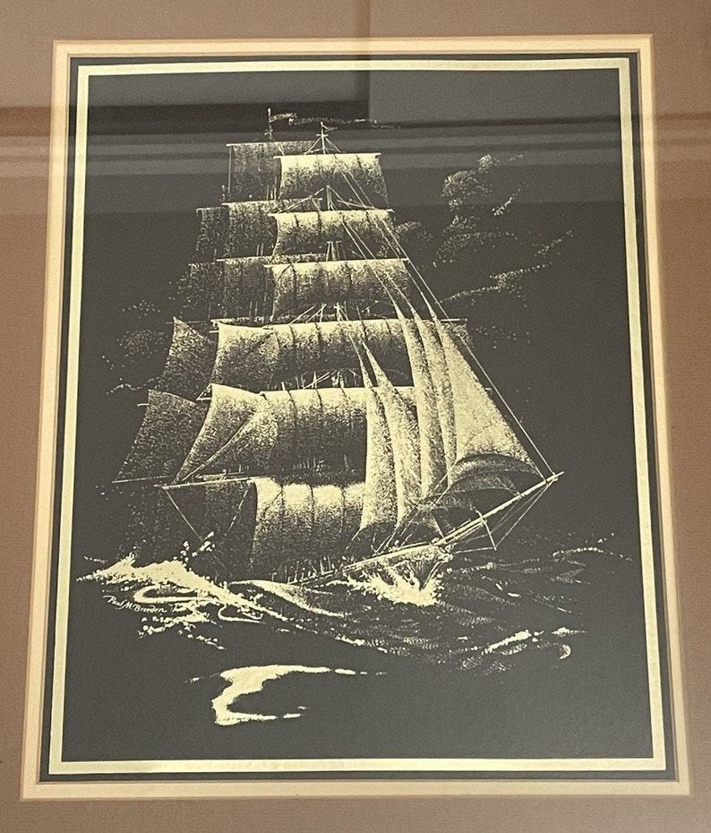 Framed 1970's Clipper Ship Etching on Foil by Paul M. Breeden Art ...