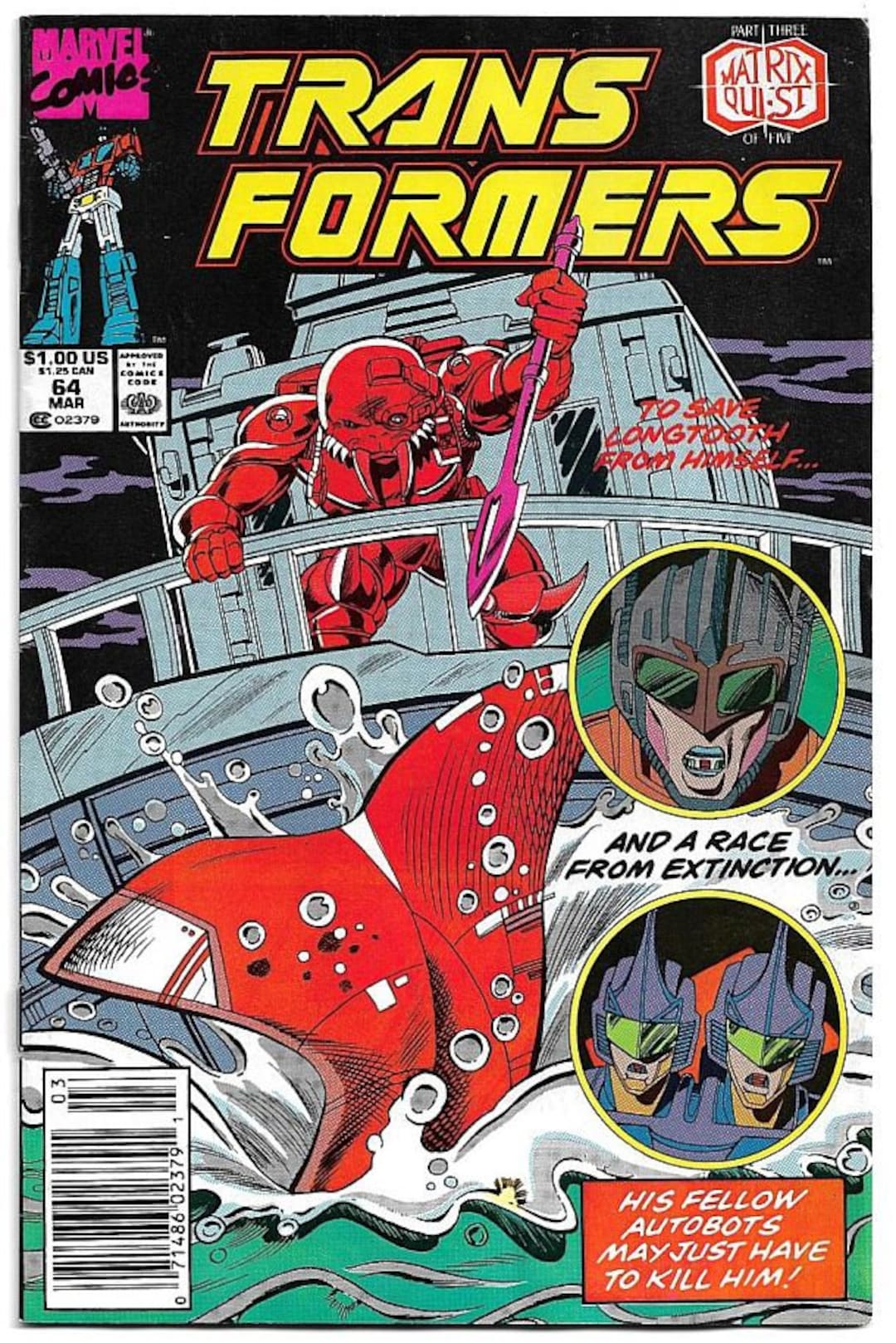 Transformers 64 1990 marvel Comics / Longtooth / Doubleheader ...