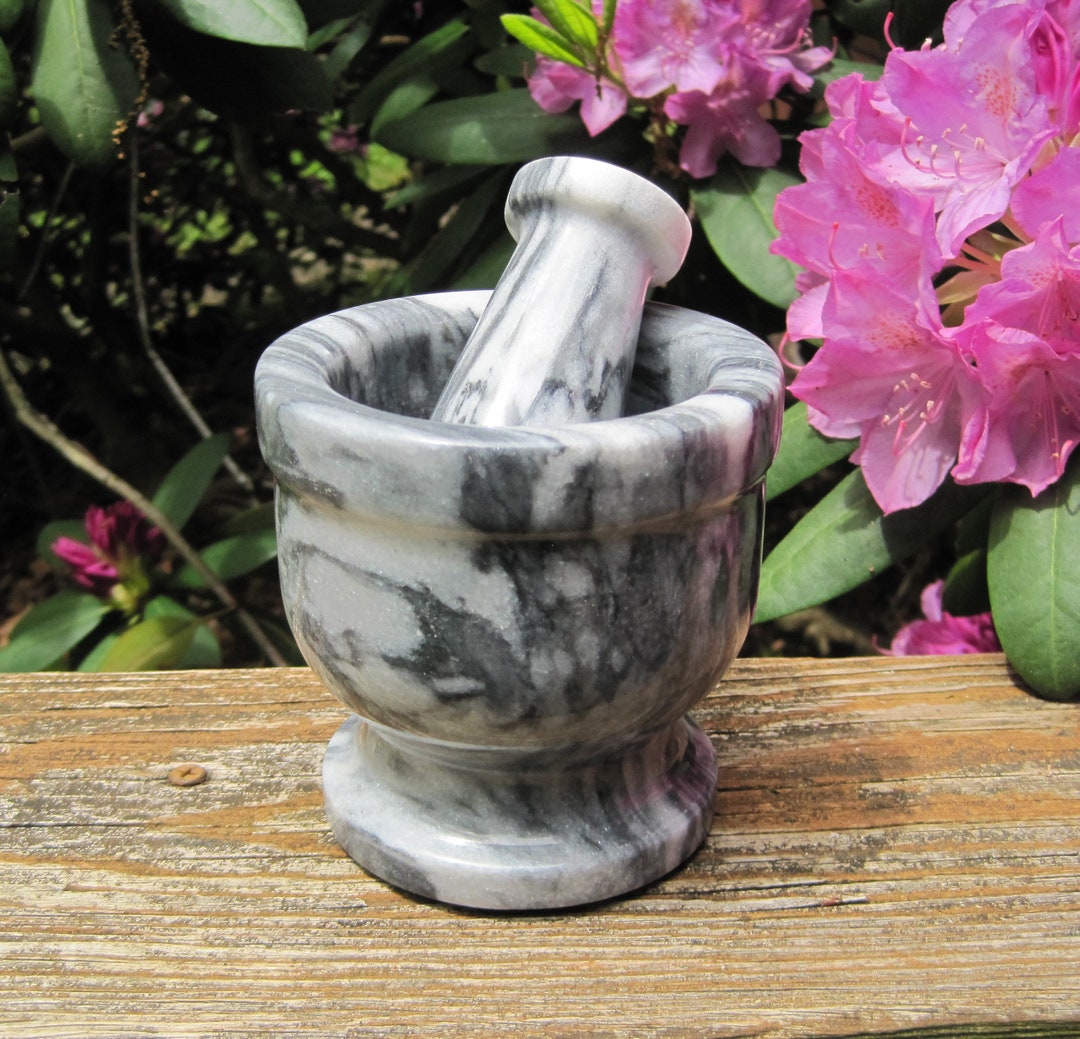 Gray and White MARBLE Stone Mortar & Pestle Set for Crushing Herbs ...