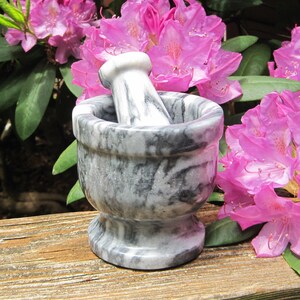 Gray and White MARBLE Stone Mortar & Pestle Set for Crushing Herbs ...