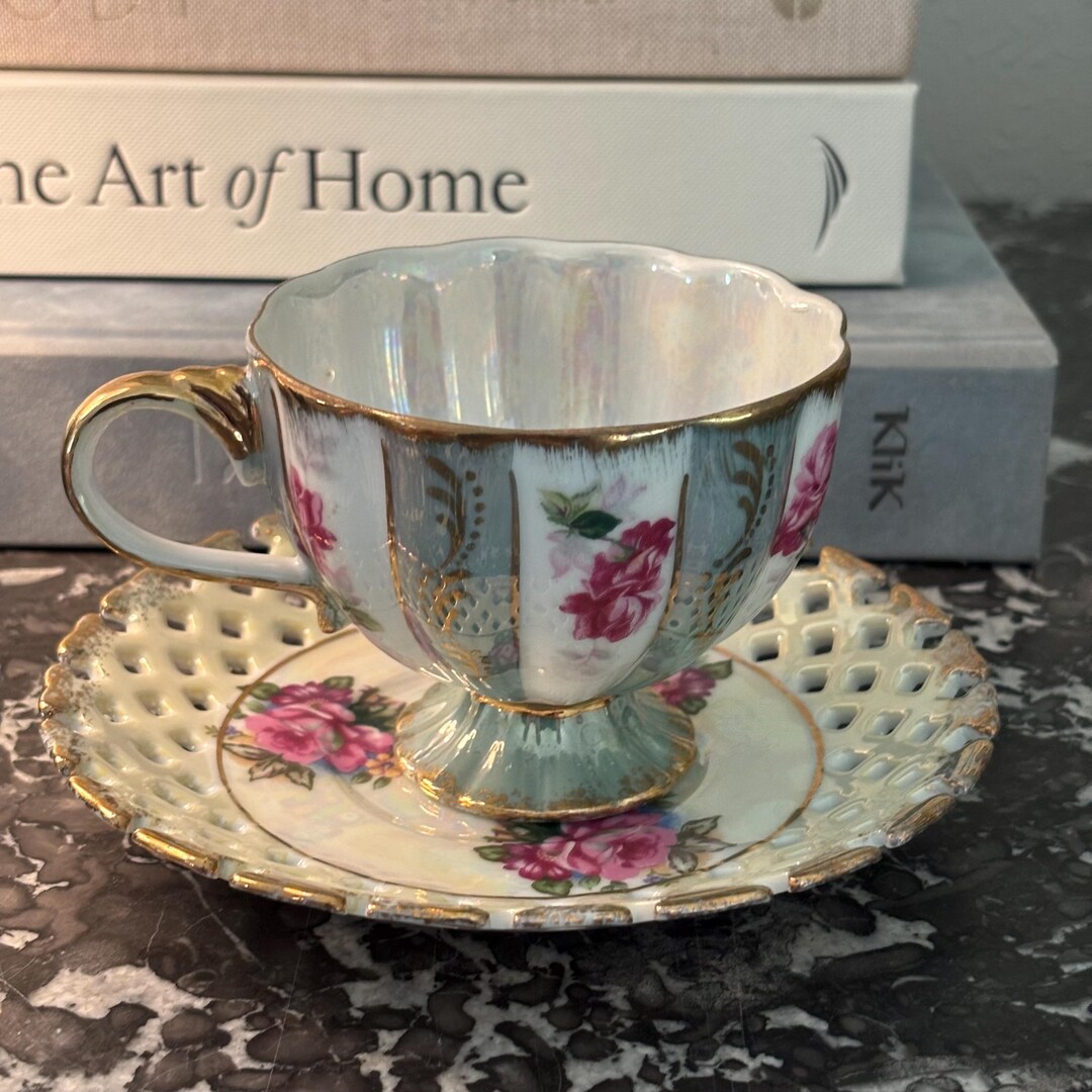 Lefton 546 Hand Painted Cup and Saucer With Lattice Teacup Japan - Etsy
