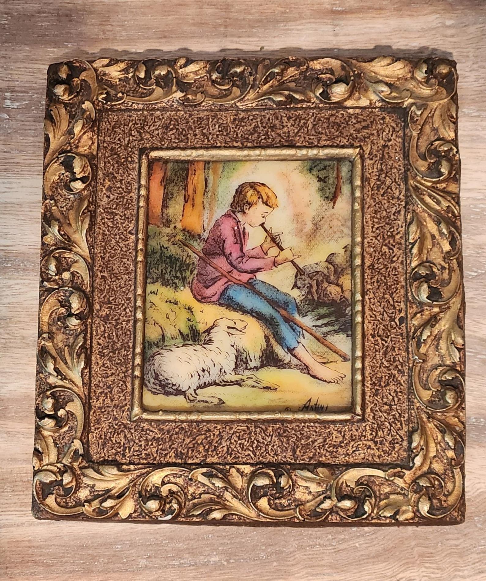 Vintage Artini Engraving – Shepherd Boy With Sheep & Flute – Signed ...