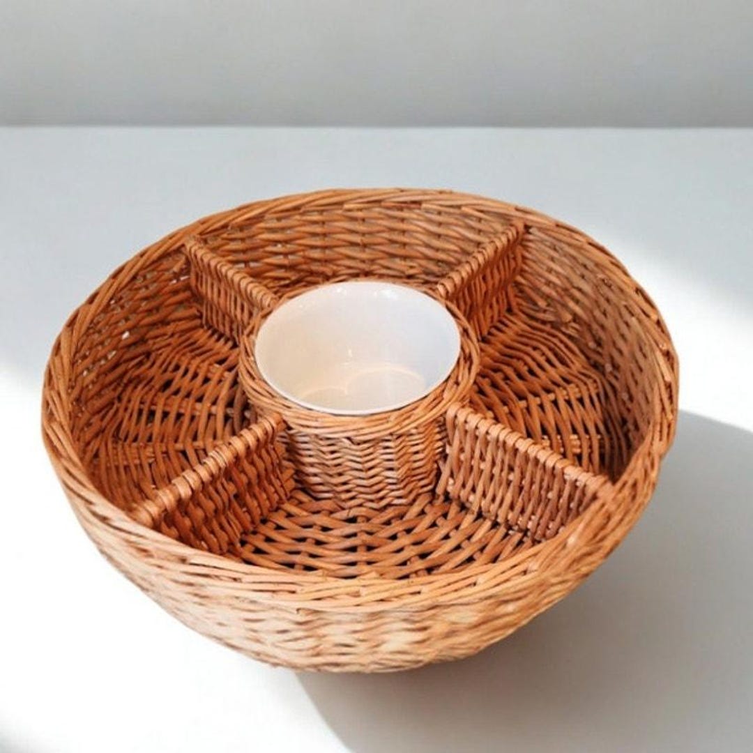 Vintage Wicker Serving Tray With Ceramic Dip Bowl – Divided 4 ...