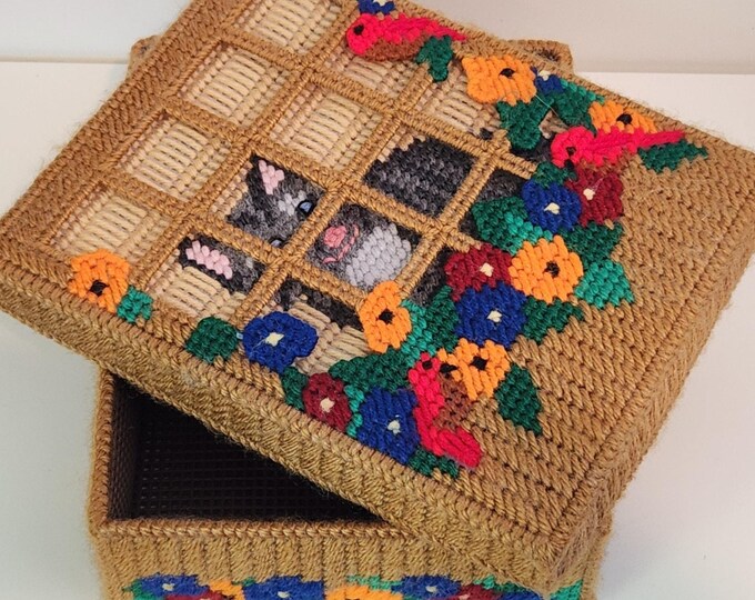 Vintage Plastic Canvas Needlepoint Storage Box Cat Window Design Floral ...