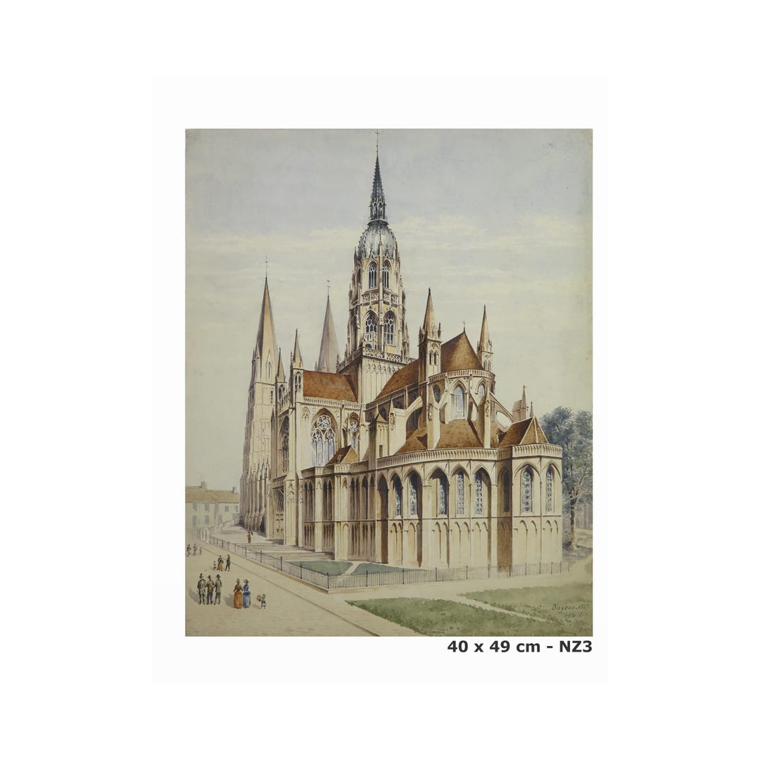 An 1887 Watercolor Painting View of the Gothic Bayeux Cathedral in ...