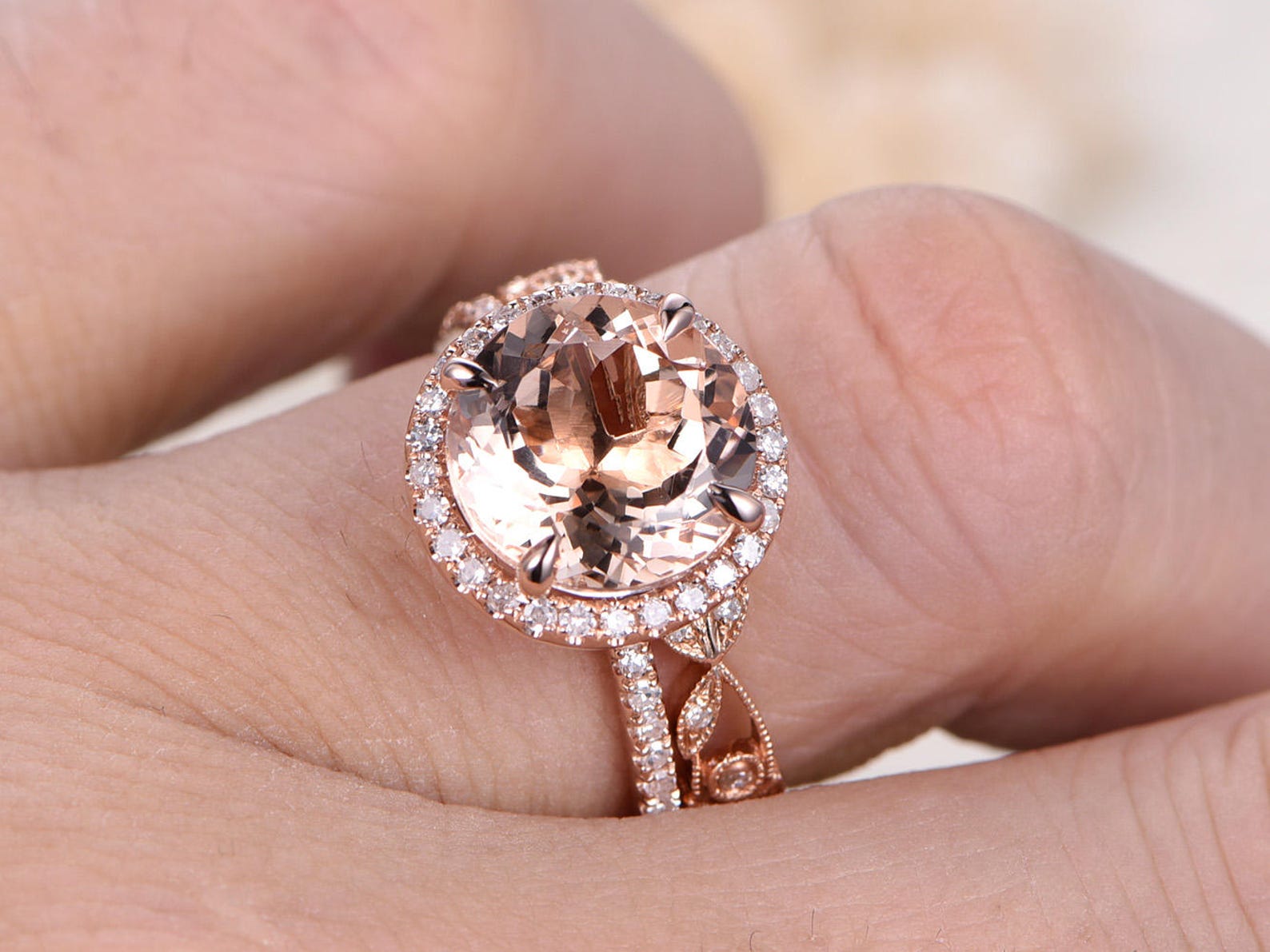 8mm Round Morganite Ring Set14k Rose Gold Morganite - Etsy