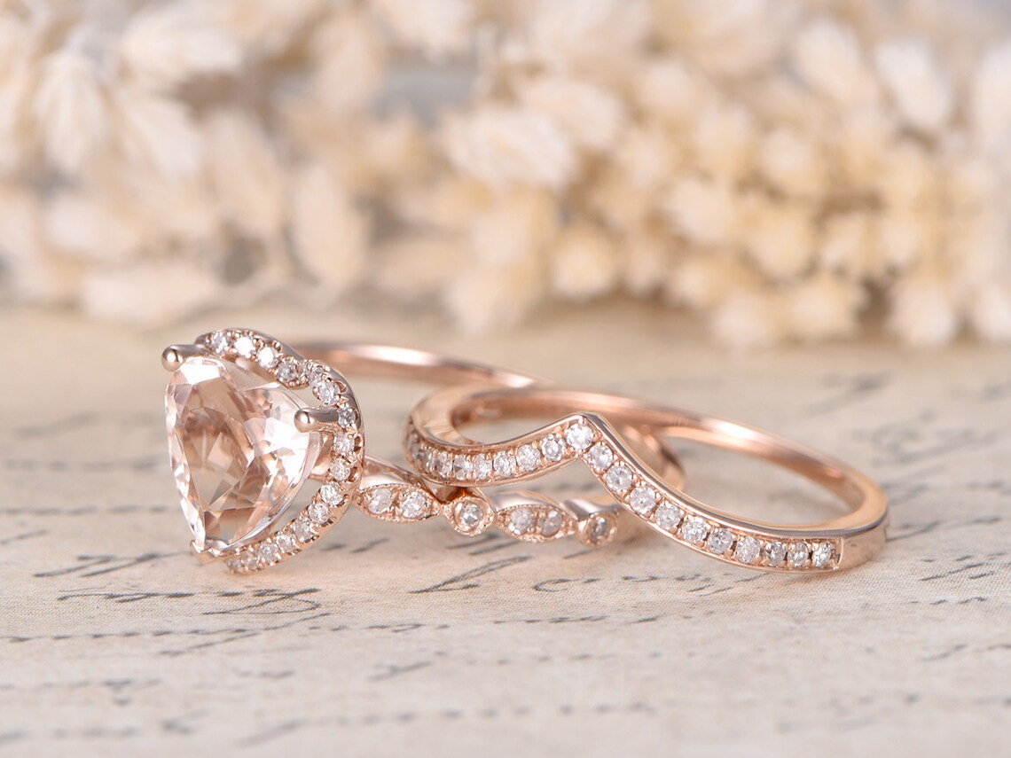 VS Pink Morganite Ring Set Rose Gold Diamond Wedding Band 8mm | Etsy