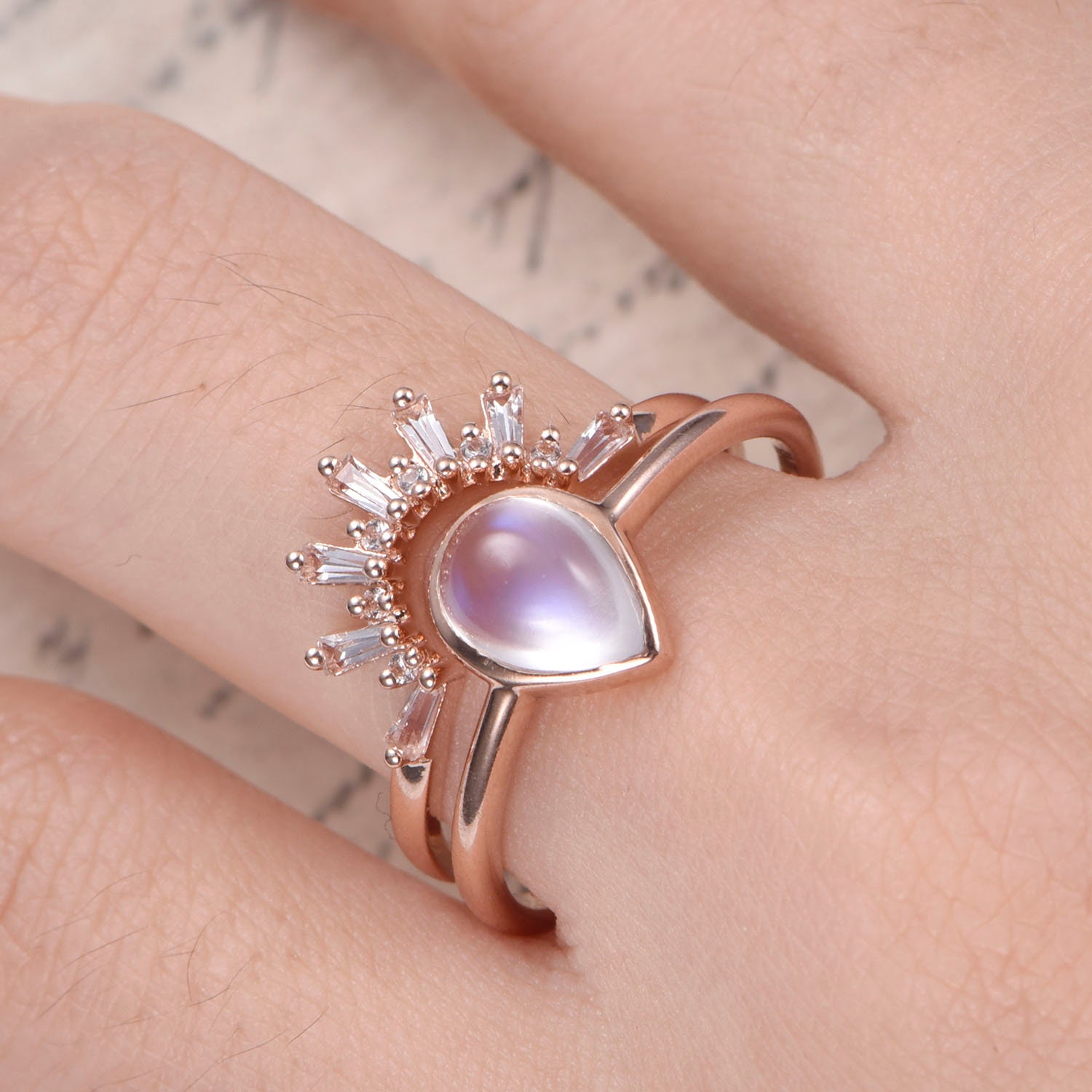 Moonstone Ring Wedding Ring Set 6x8mm Pear Cut Moonstone | Etsy