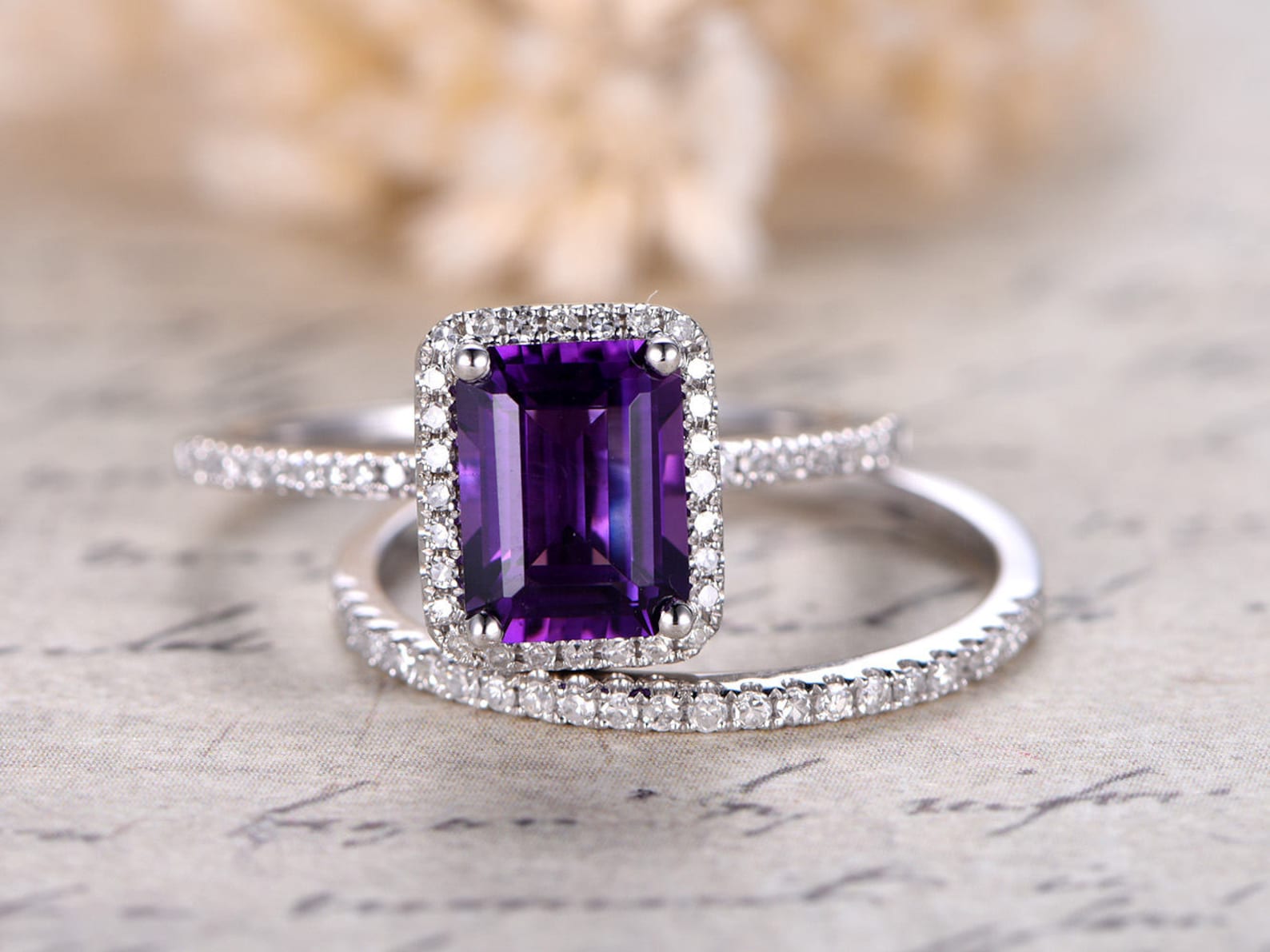 Amethyst Wedding Ring Set Emerald Cut 6x8mm Amethyst - Etsy