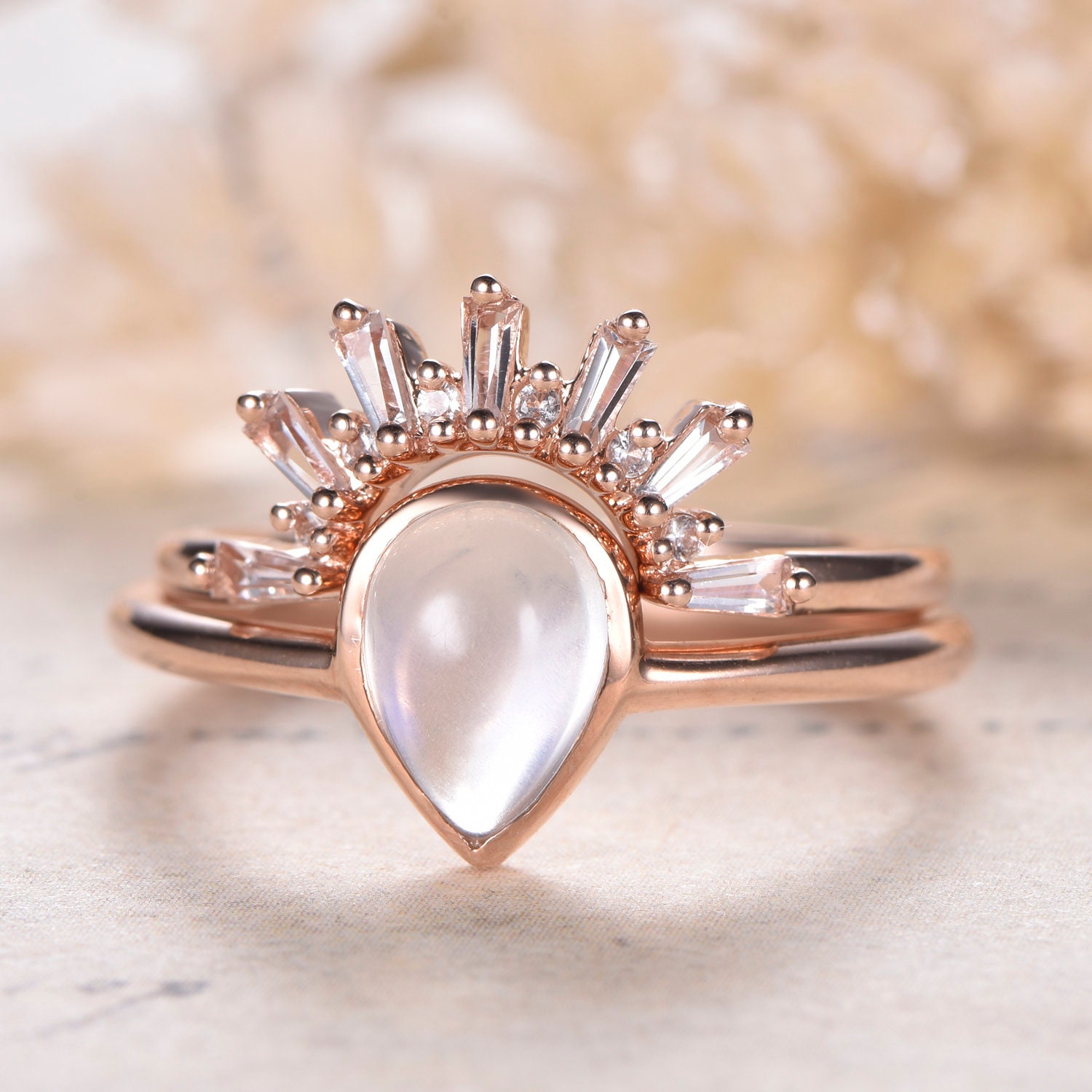 Moonstone Ring Wedding Ring Set 6x8mm Pear Cut Moonstone | Etsy