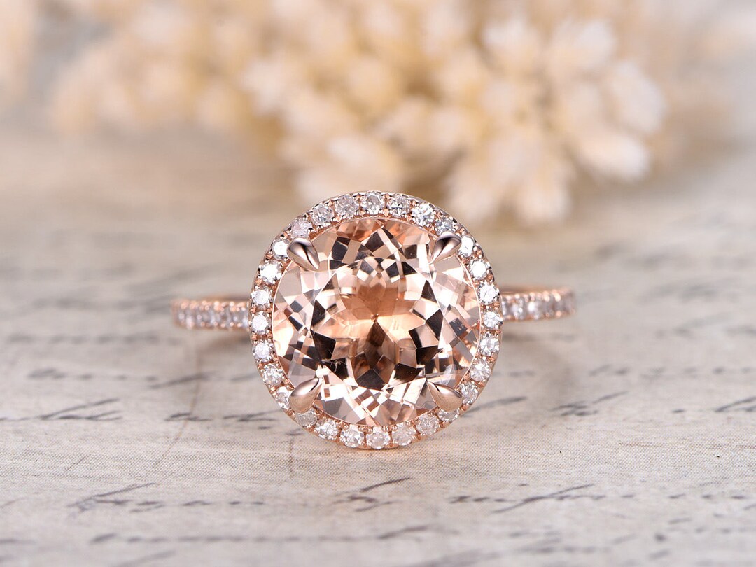 Peachy Morganite Engagement Ring 8mm Round Rose Gold Halo Diamond ...