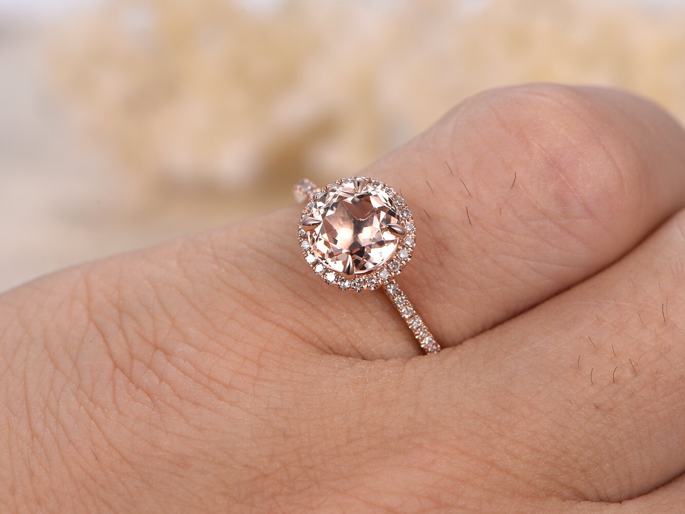 Rose Gold Morganite Engagement Ring Diamond Wedding Band Halo - Etsy