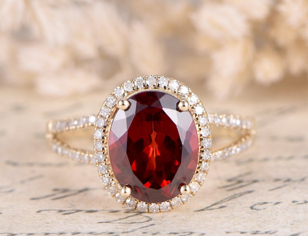 8x10mm Oval Cut Garnet Ring,split Band, Garnet Engagement Ring, 14k ...