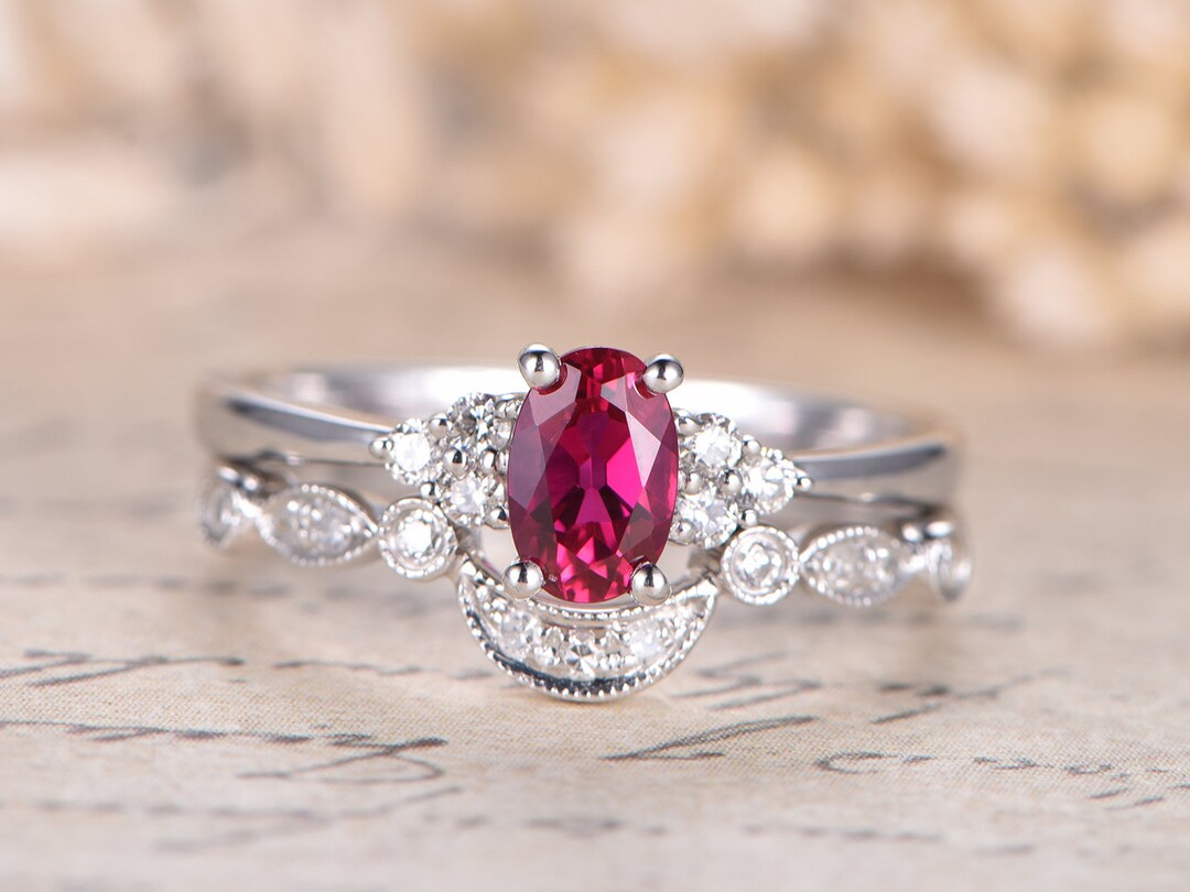 VS Red Ruby Engagement Ring Set 14K White Gold Plain Band Bridal Ring ...