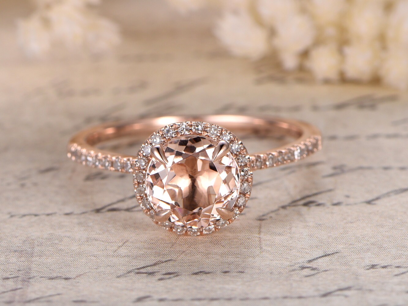 Rose Gold Morganite Engagement Ring Diamond Wedding Band Halo | Etsy