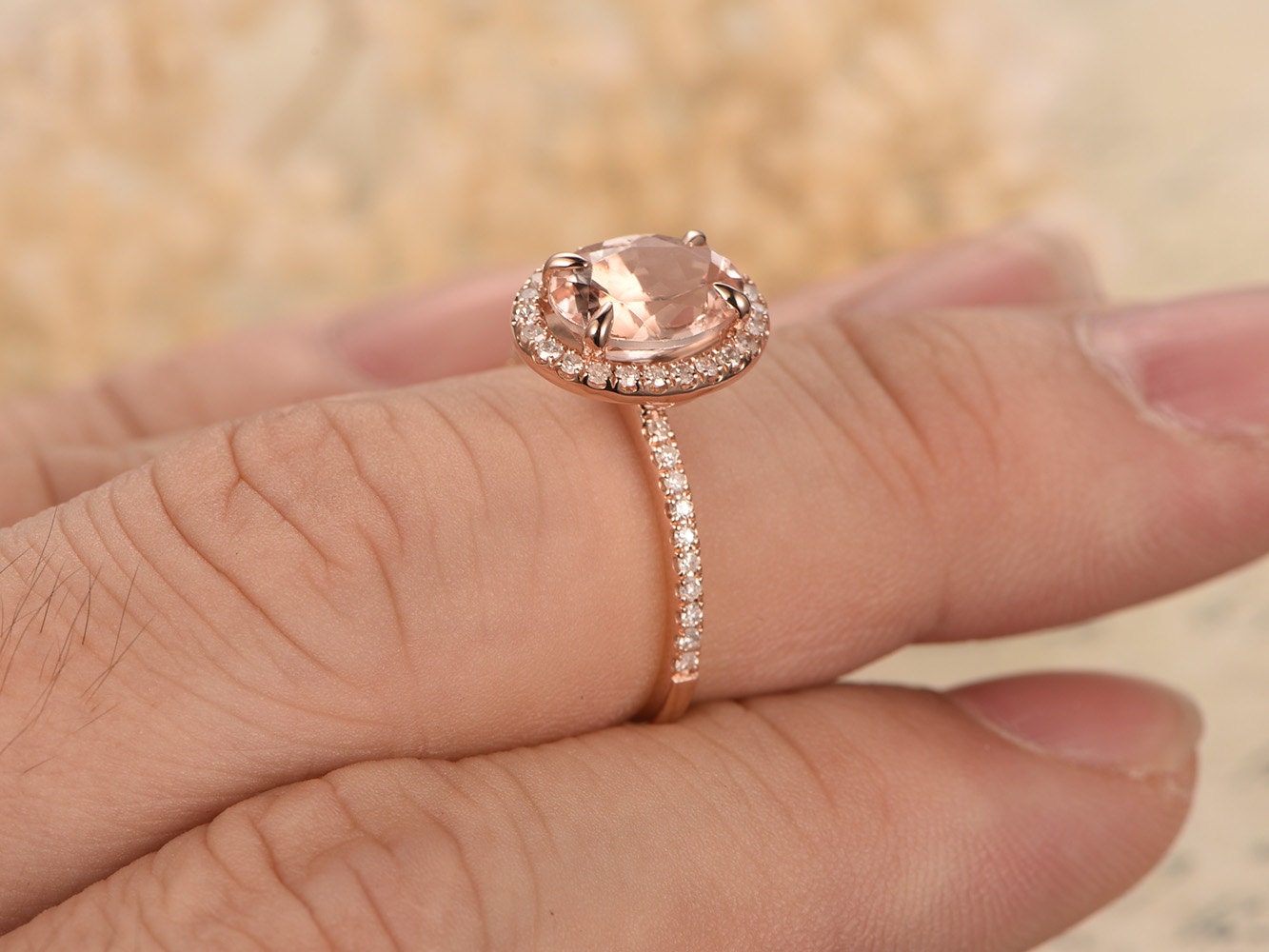 Morganite Ring Halo Engagement Ring 68mm Oval Engagement | Etsy