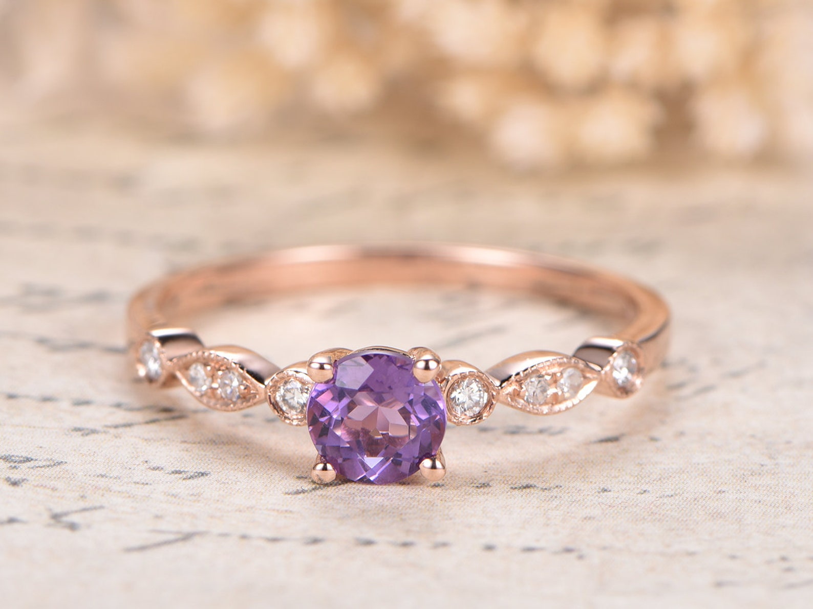 Amethyst Engagement Ring 14K Rose Gold Diamond Wedding Band - Etsy