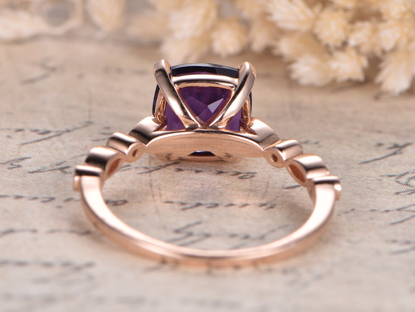 Amethyst Engagement Ring 14K Rose Gold Diamond Wedding Band | Etsy