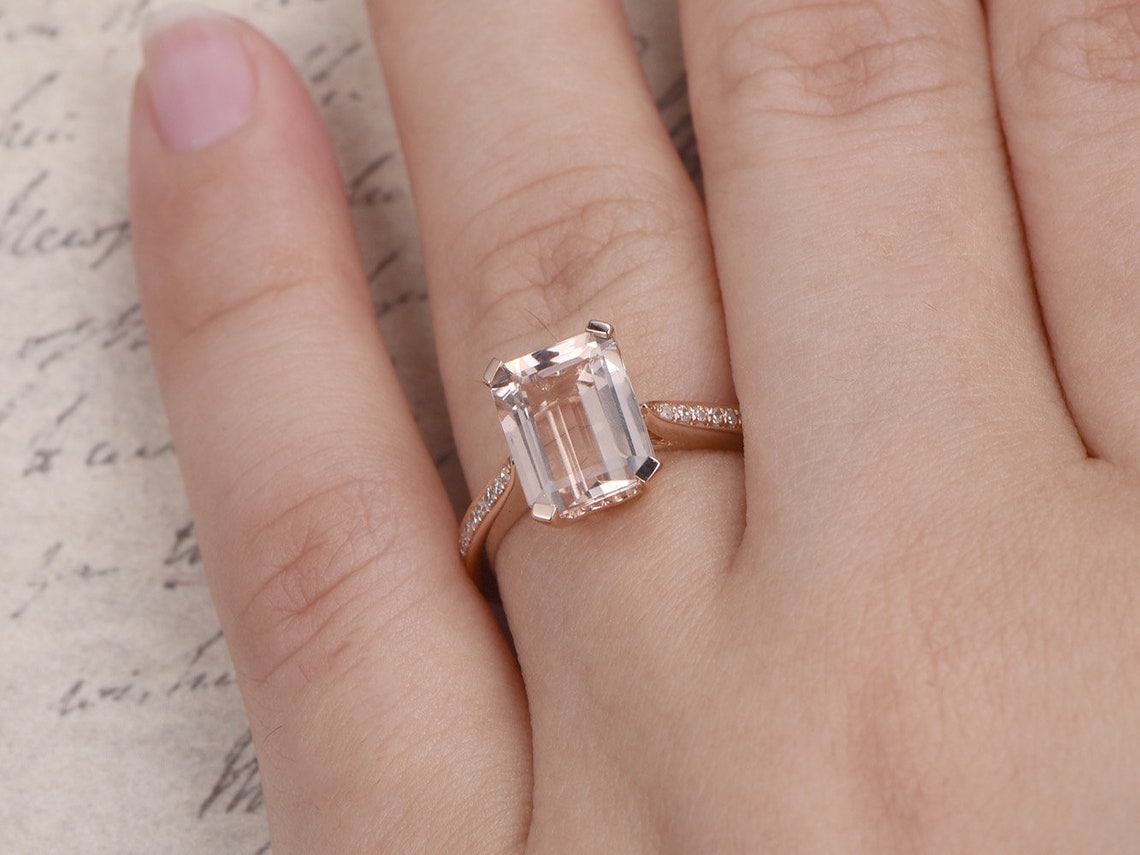 Emerald Cut Morganite Ring 14K Rose Gold Morganite Engagement - Etsy