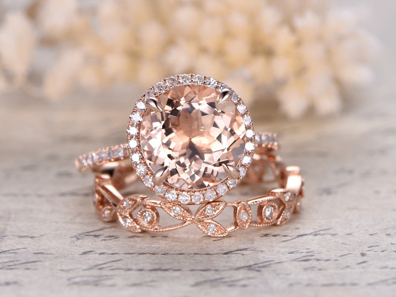 8mm Round Morganite Ring Set14k Rose Gold Morganite - Etsy