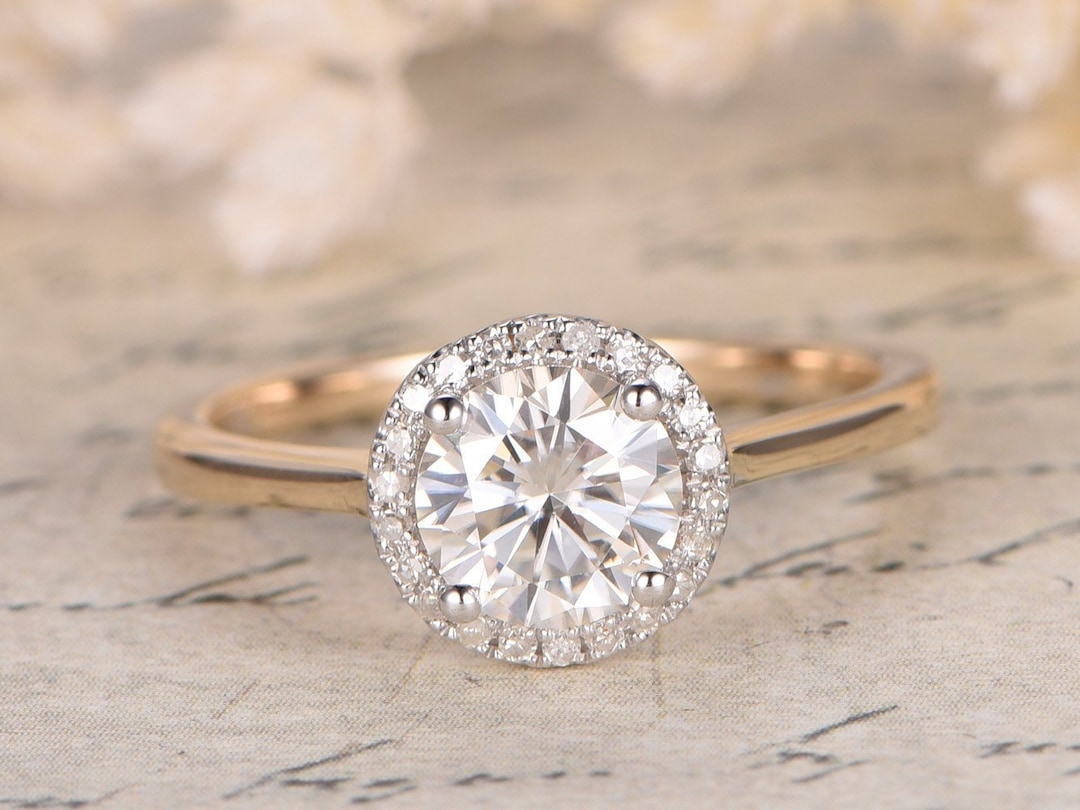 Halo Round Cut Moissanite Engagement Ring,1ct Morganite Ring 14K Plain ...