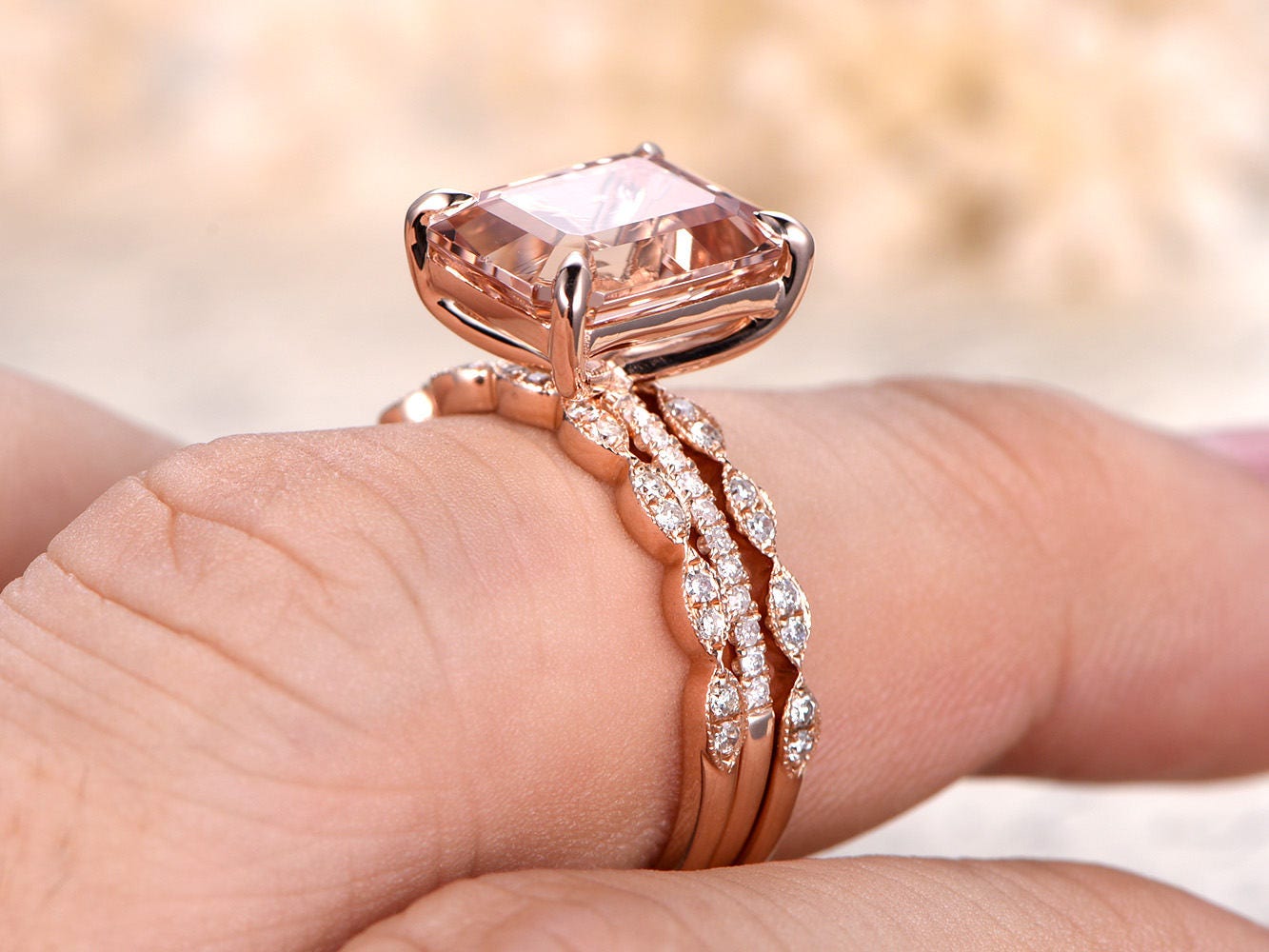 3pcs Morganite Engagement Rings Set9x11 Emerald Cut Morganite - Etsy