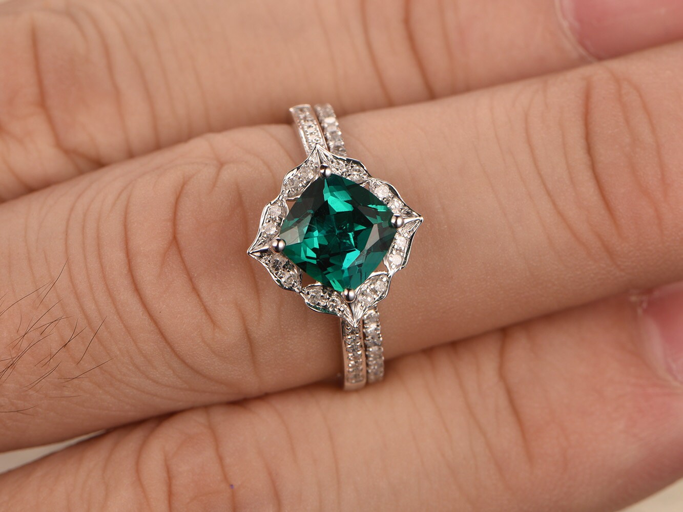 Emerald Engagement Ring Set Cushion Cut Emerald Ring Set Full - Etsy