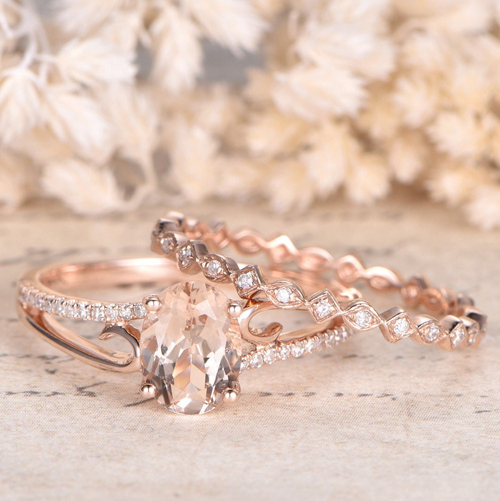 Morganite Engagement Ring Set 14K Rose Gold Diamond Wedding - Etsy