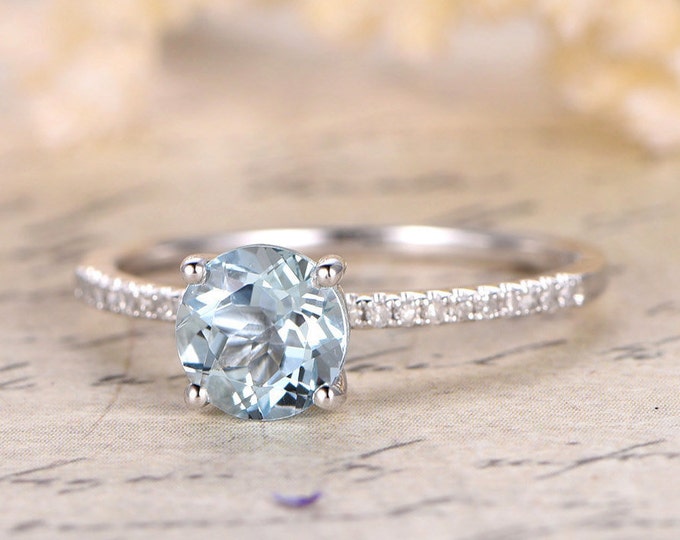 1ct Aquamarine Solitaire Ring 14K White Gold Half Eternity Diamond Band ...