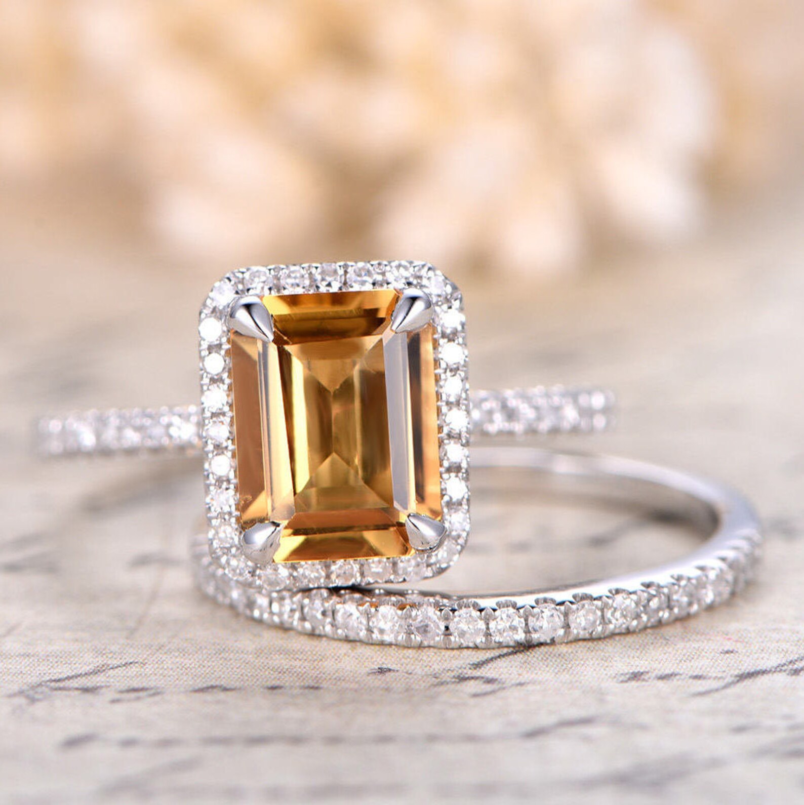 Citrine Engagement Ring Set 6x8mm Emerald Cut Citrine Ring and - Etsy