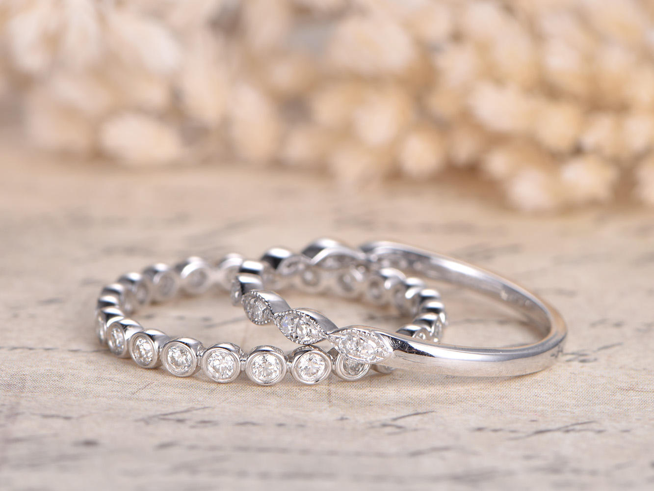 2pcs Diamonds Wedding Bands Twist Rope Ring Bezel Engagement | Etsy