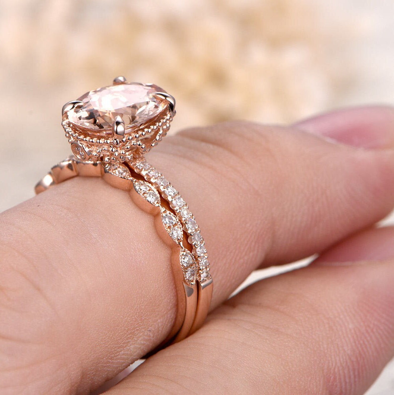 3.5ct Morganite Engagement Ring Rose Gold 2pcs Wedding - Etsy