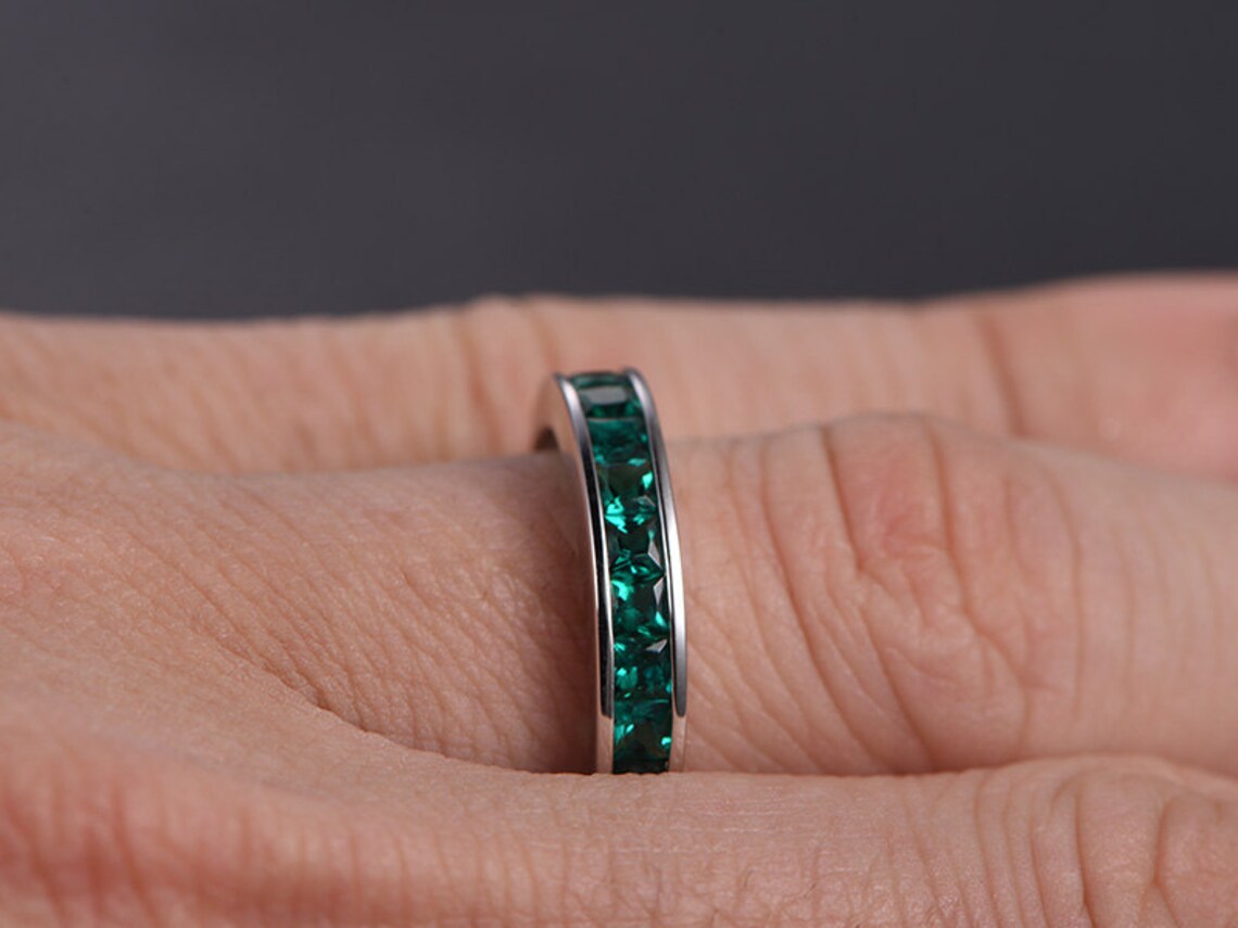 Emerald Engagement Ring Princess Cut Ring 14K White Gold | Etsy