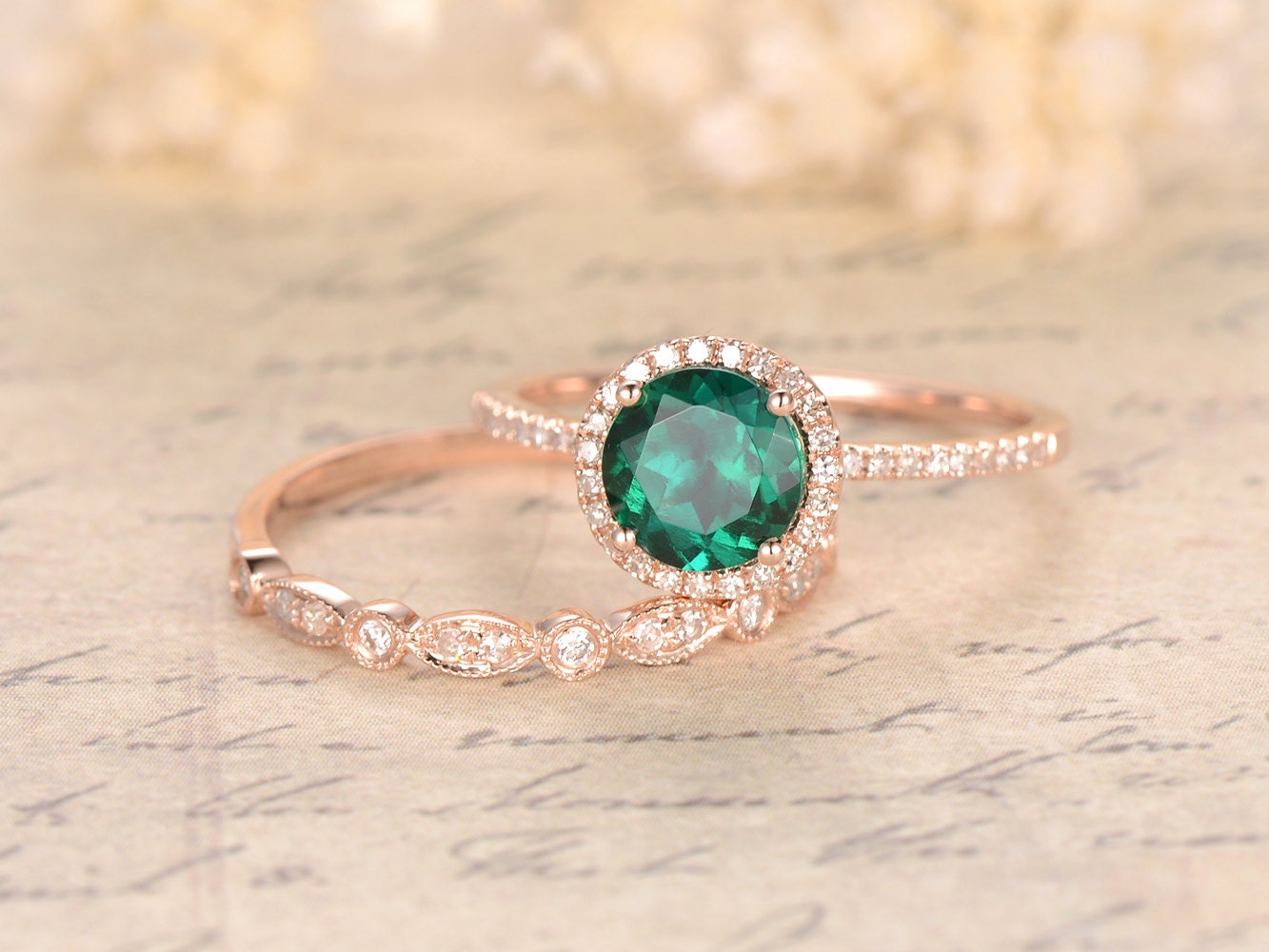 Emerald Engagement Ring Set7mm Round Cut Emerald Ringart - Etsy Canada