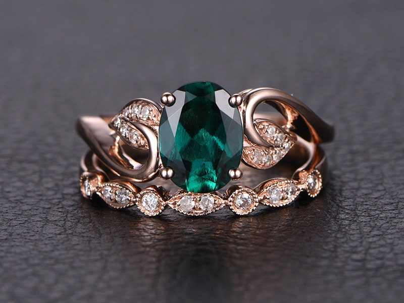 Emerald Engagement Ring Set Oval Cut Emerald Ring Set and - Etsy